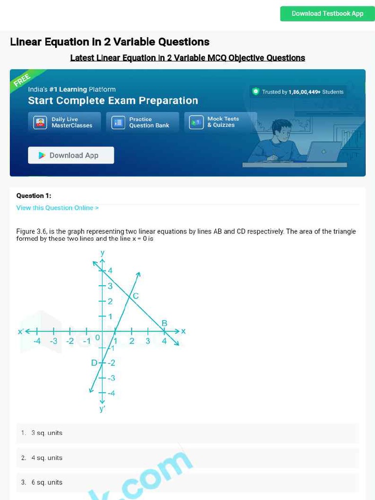 MCQ On Linear Equation in 2 Variable 5eea6a1039140f30f369e817 | PDF