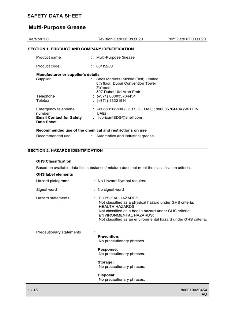 SDS Multi Purpose Grease | PDF | Personal Protective Equipment | Toxicity