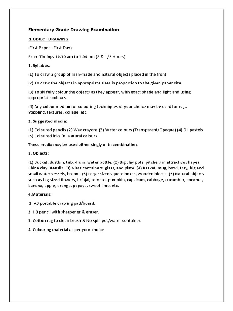 Elementary and Intermediate Grade Drawing Examination Syllabus | PDF ...