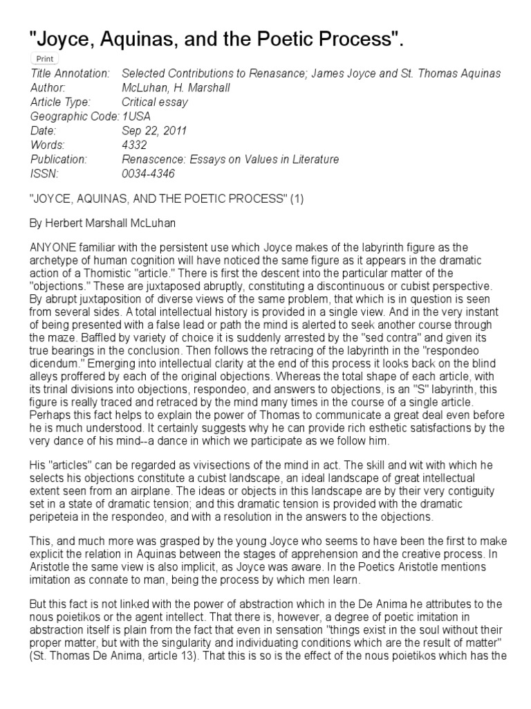 "Joyce, Aquinas, and The Poetic Process". | PDF | Nous | Mind