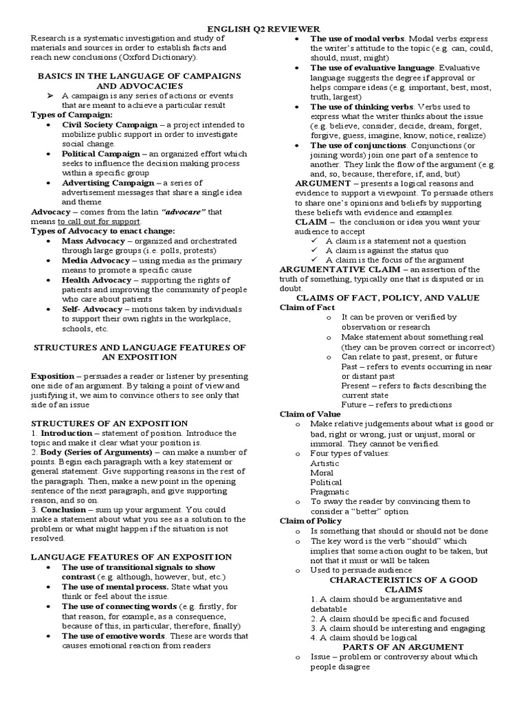 English 10 Q2 Reviewer | PDF | Reason | Argument