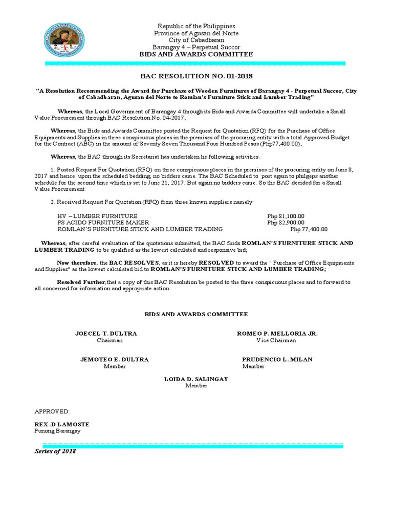 BAC Resolution for Wooden Furniture Purchase | PDF | Procurement | Business