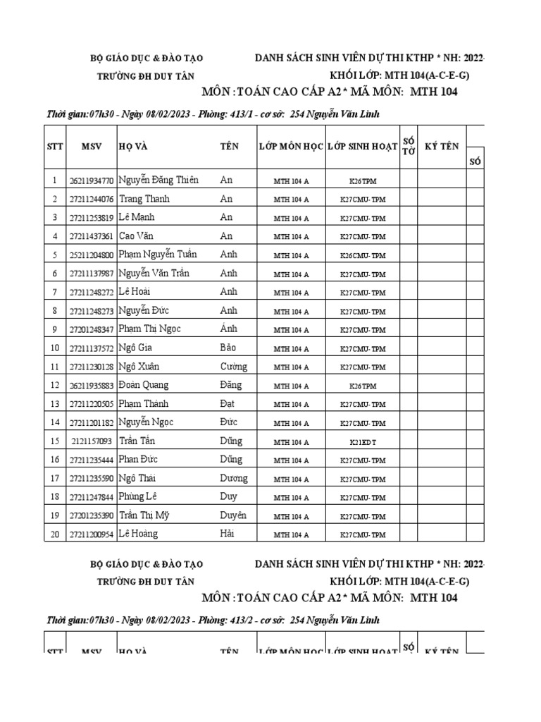 Môn:Toán Cao Cấp A2* Mã Môn: Mth 104: Thời gian:07h30 - Ngày 08/02/2023 ...