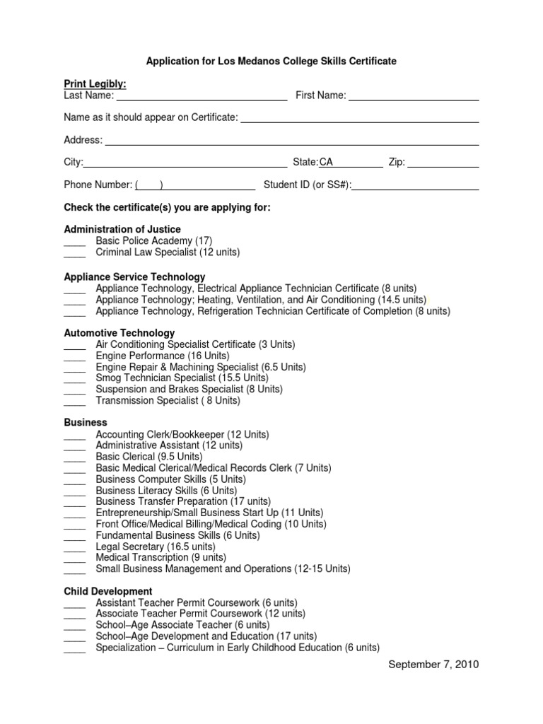 Application For Los Medanos College Skills Certificate Print Legibly ...