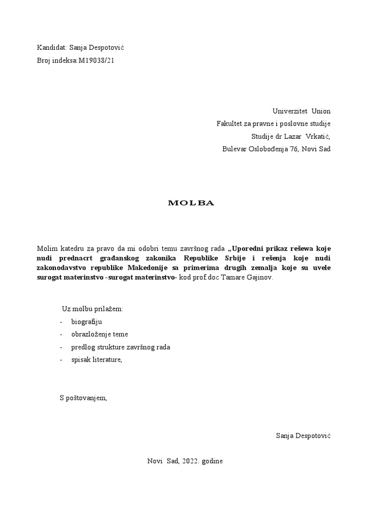 Primer Molbe Za Izradu Master Rada | PDF