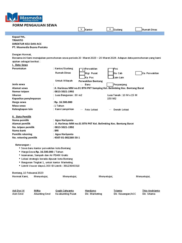 Form Pengajuan Sewa | PDF
