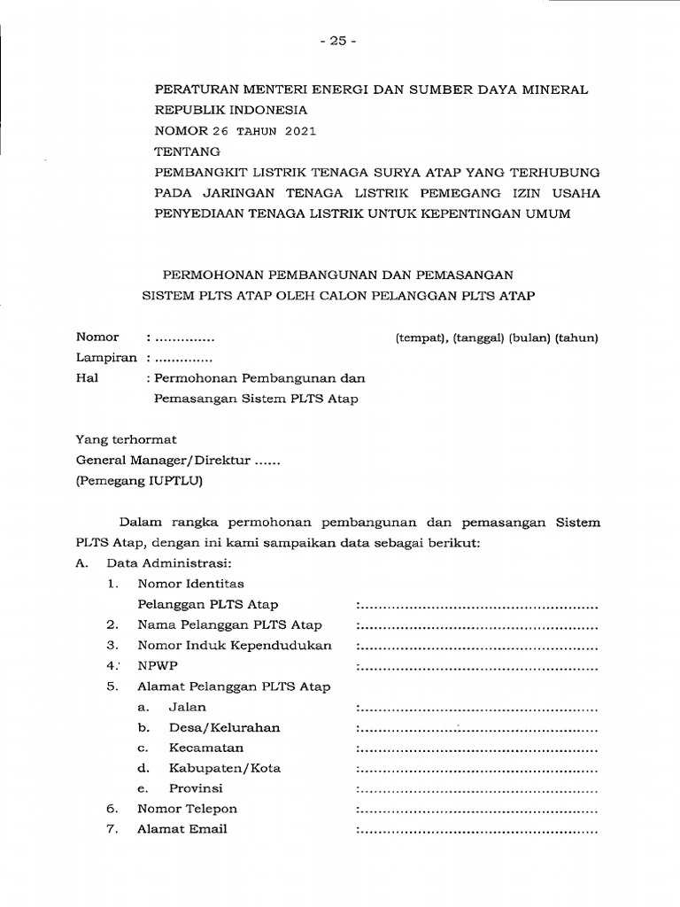 Format Surat Permohonan Sesuai Permen ESDM No. 26 Tahun 2021 Tentang PLTS Atap | PDF