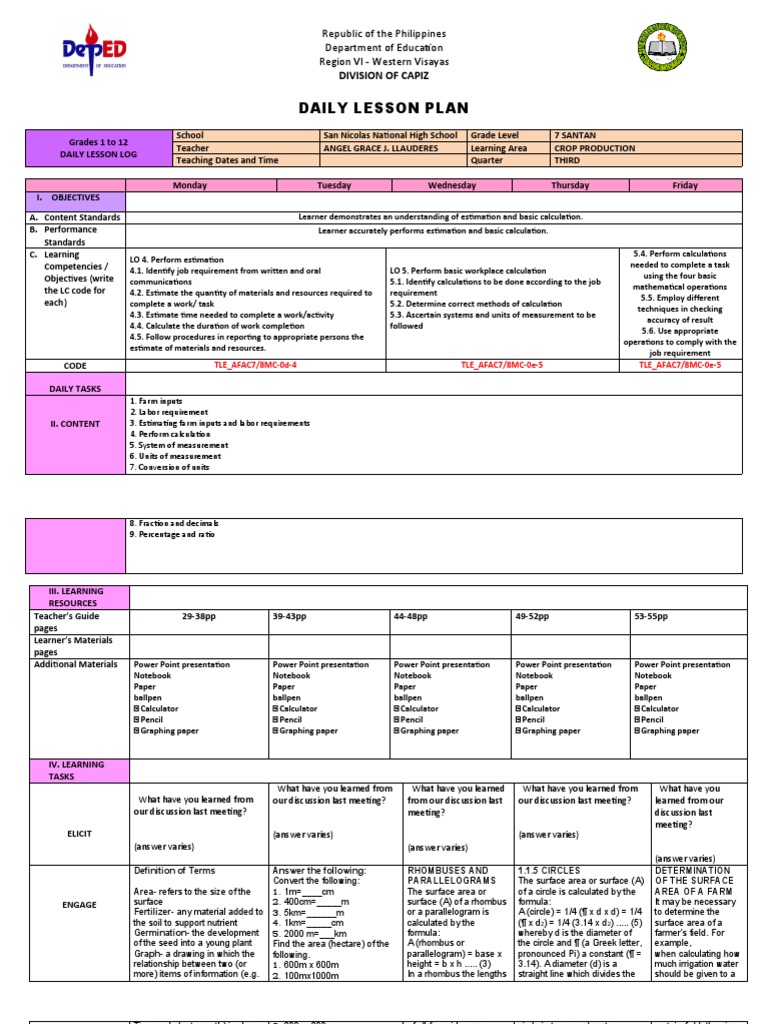 Tle - Lesson Plan | PDF | Area | Rectangle