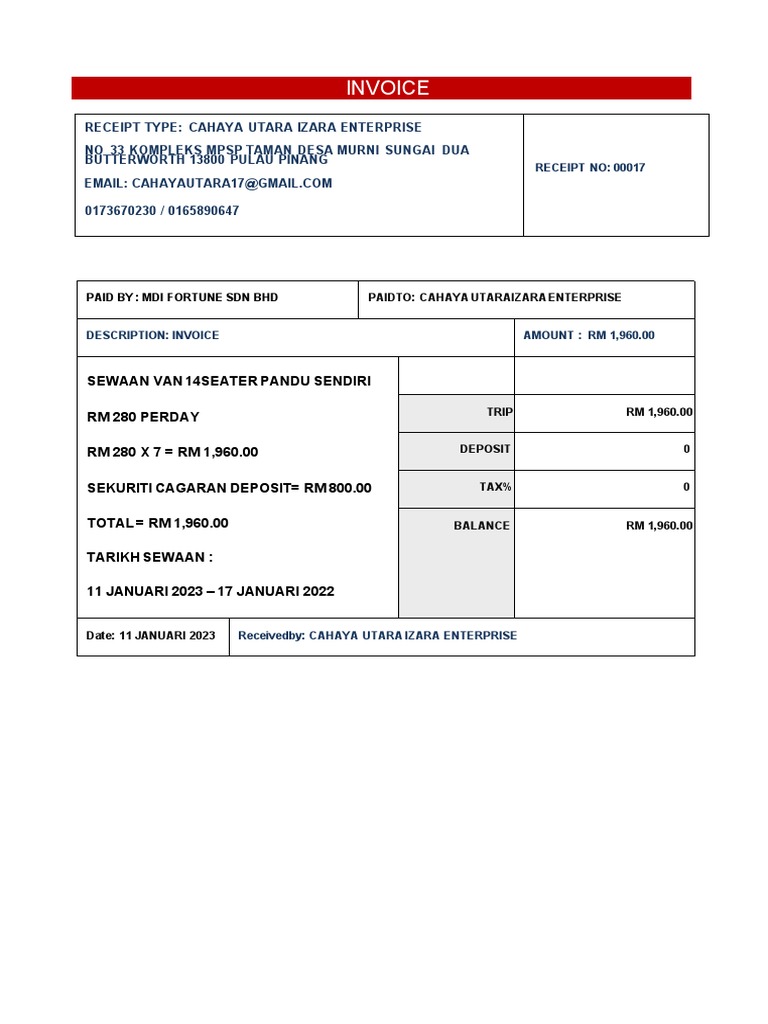 Invoice for Van Rental Services | PDF