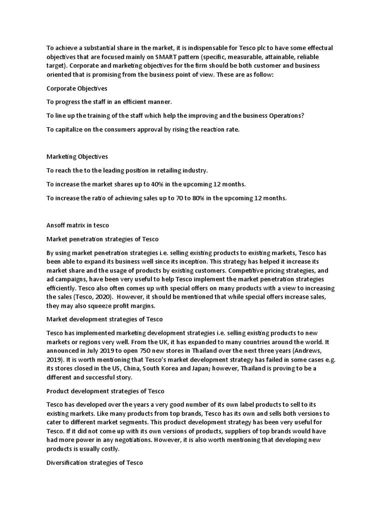 Ansoff Matrix of Tesco | PDF | Tesco | Marketing