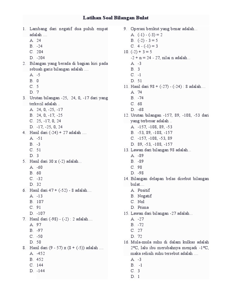 Latihan Soal Bilangan Bulat | PDF
