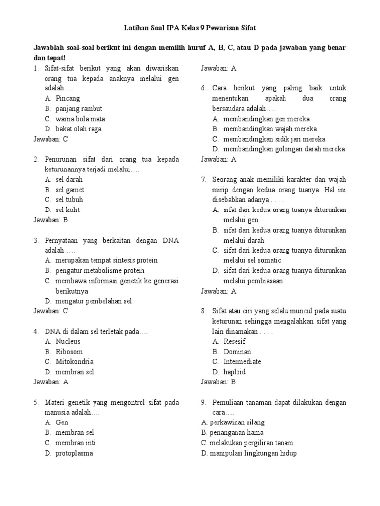 Latihan Soal Pewarisan Sifat Kelas 9 | PDF