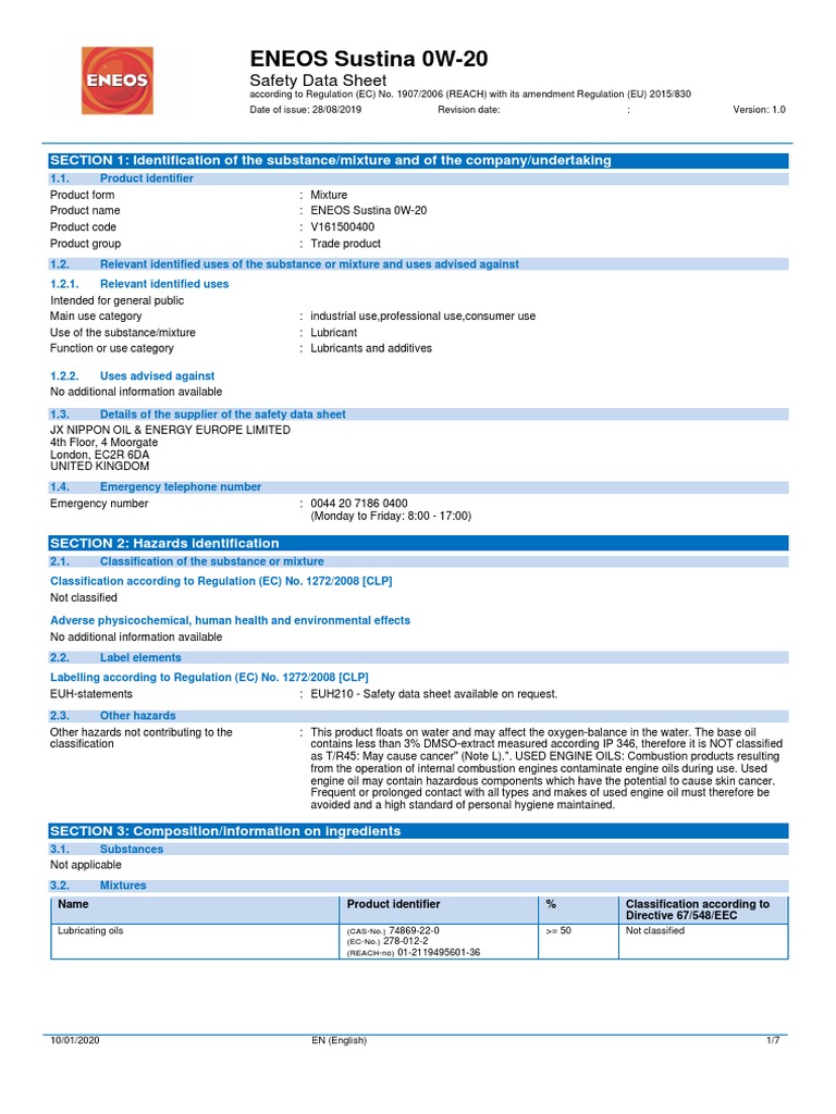ENEOS Sustina 0W-20 en Adatlap | PDF | Personal Protective Equipment | Firefighting