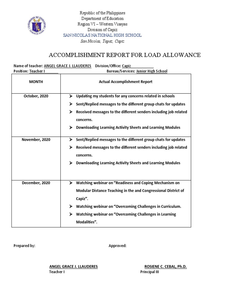 Accomplishment Report For Load Allowance | PDF