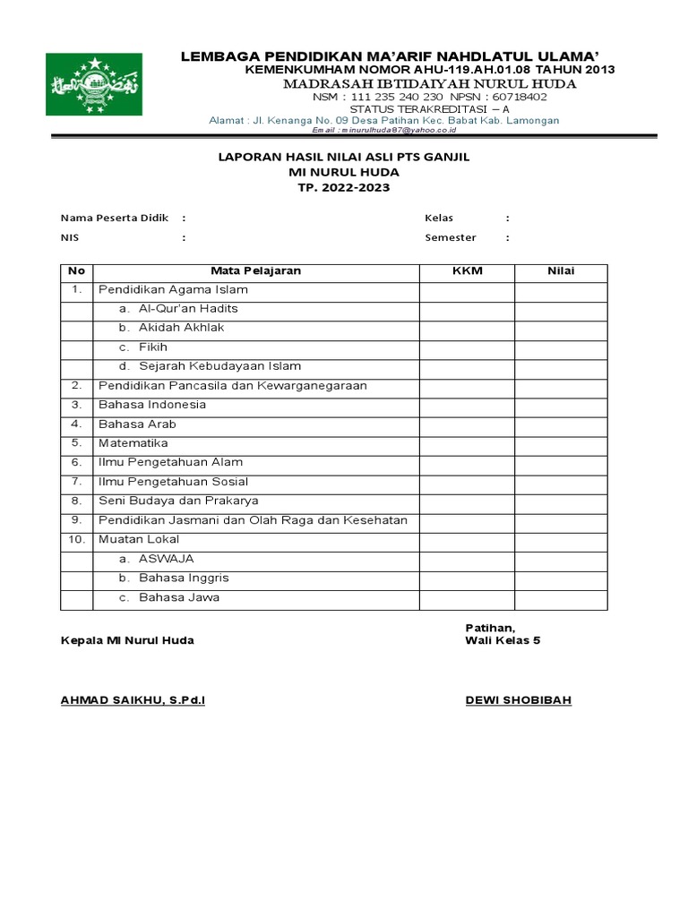 Laporan Hasil PTS Ganjil 2022-2023 | PDF