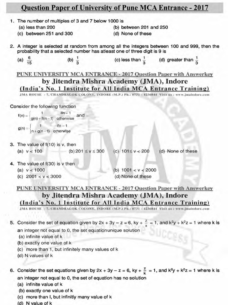 Pune University MCA 2017 Entrance Exam Question Paper | PDF