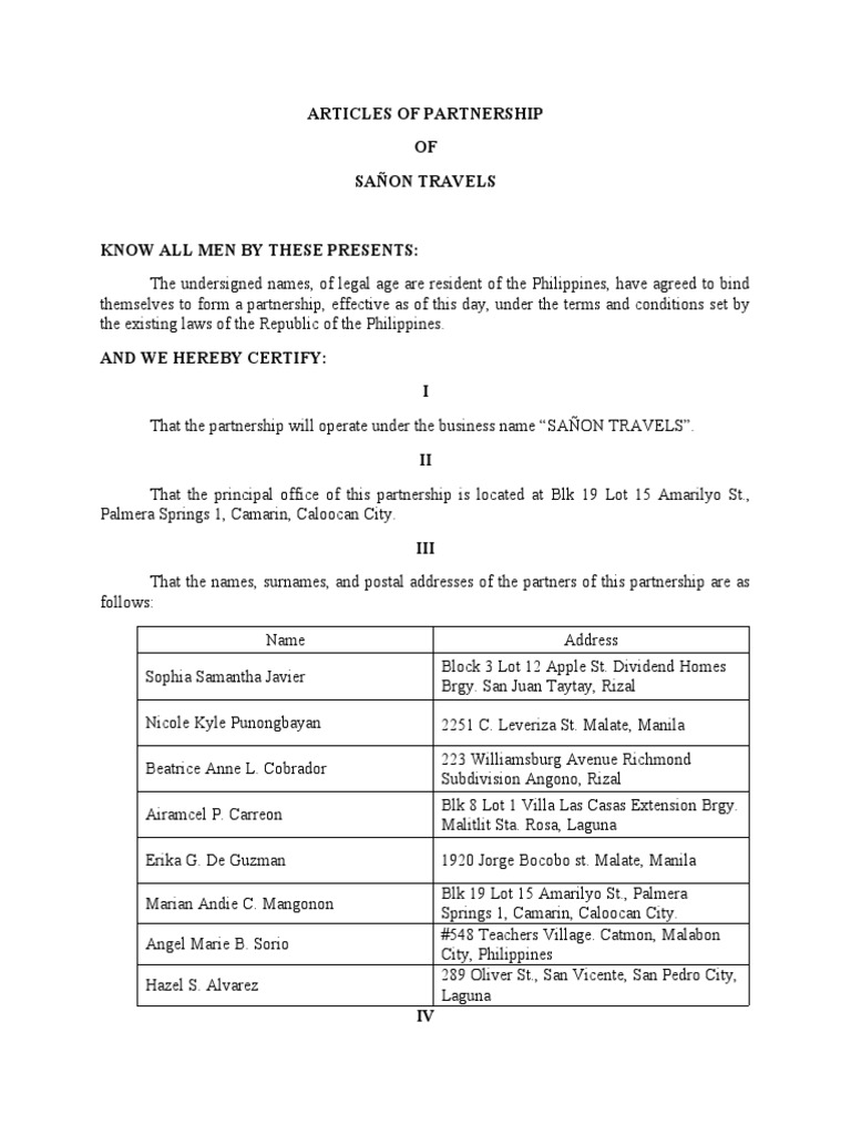 Feasib Articles of Partnership | PDF | Partnership | Interest