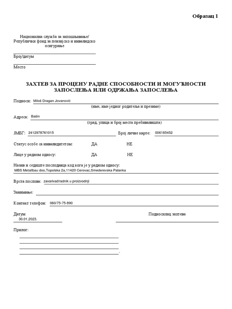 Obrazac 1 - Zahtev Za Procenu Radne Sposobnosti I Mogucnosti Zaposlenja ...