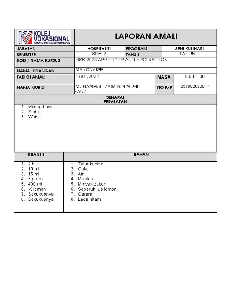 Laporan Mayonis Zaim | PDF