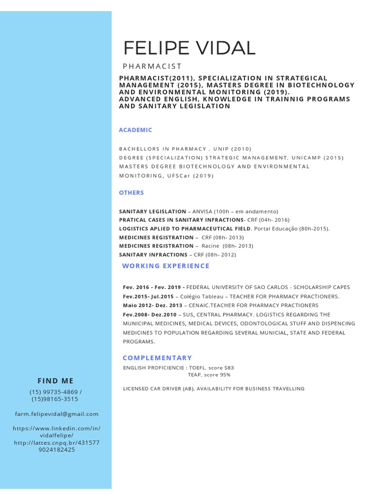 English Version CV 2019 Felipe Vidal | PDF | Pharmacy | Pharmacist