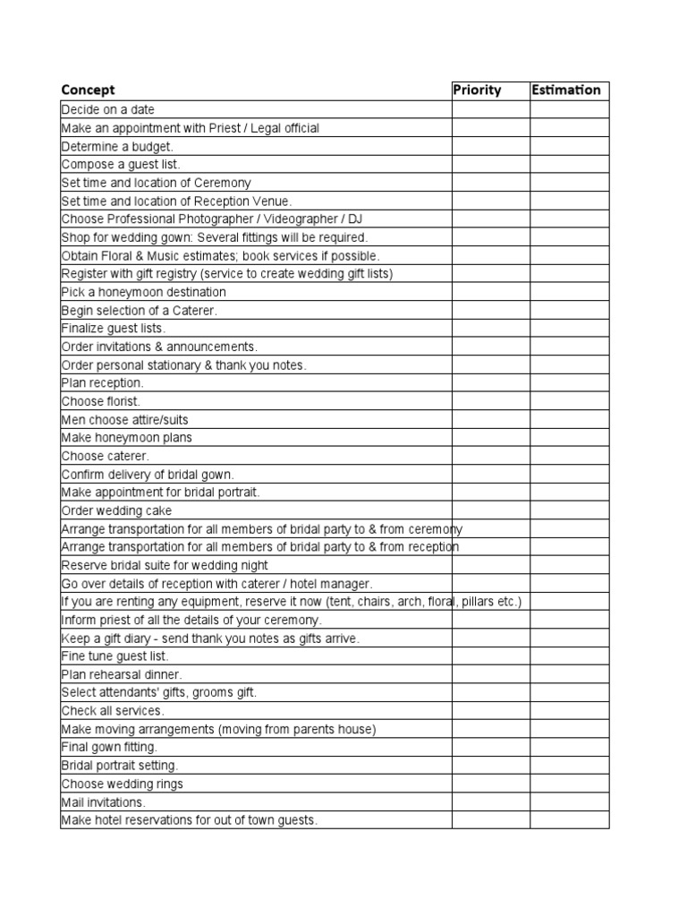 Wedding List - Template | PDF