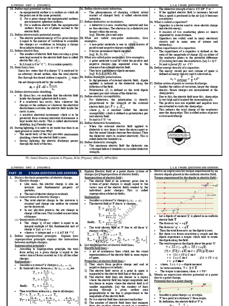 12Th Physics Unit 1 EM Original Kalvimaterial | PDF | Electric Field | Capacitance