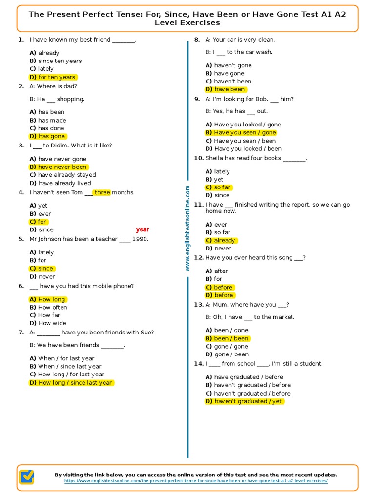 439 - The Present Perfect Tense For Since Have Been or Have Gone Test ...