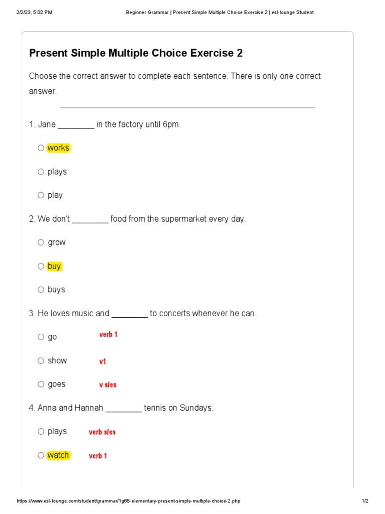 Beginner Grammar - Present Simple Multiple Choice Exercise 2 - Esl ...