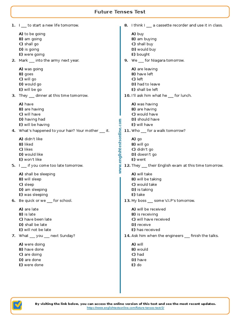 Future Tenses Multiple Choice Test | PDF