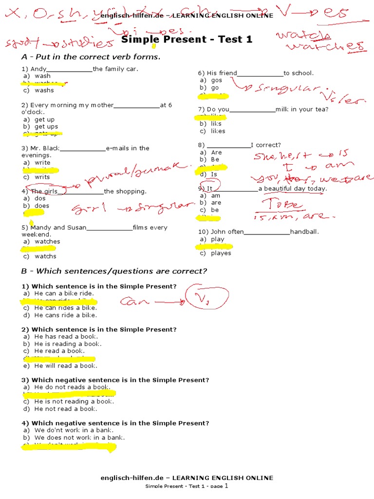 Test Simple Present en | PDF | Language Mechanics | Syntax