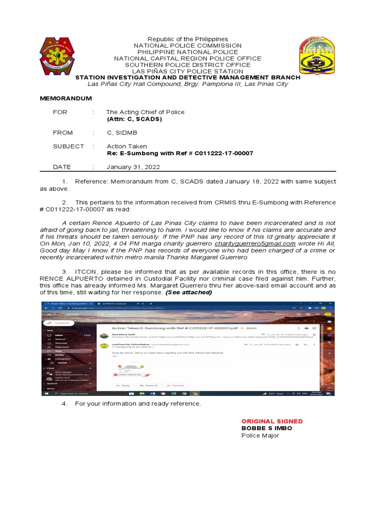 Action Taken Re E-Sumbong With Ref # C011222-17-00007 | PDF
