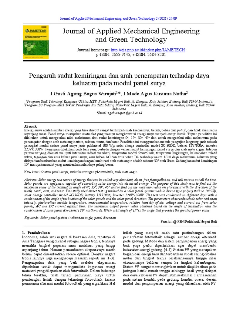 Pengaruh Sudut Kemiringan Dan Arah Penempatan Terhadap Daya - Wirajati 2021 | PDF