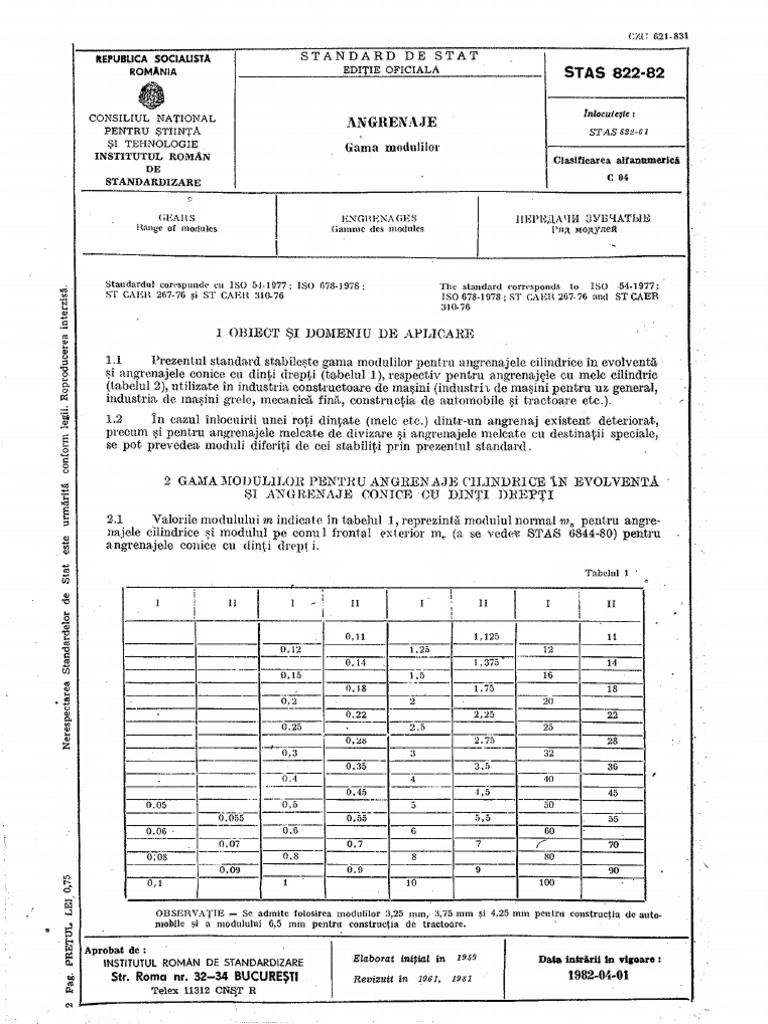 STAS 822 1982 Angrenaje. Gama Modulilor | PDF