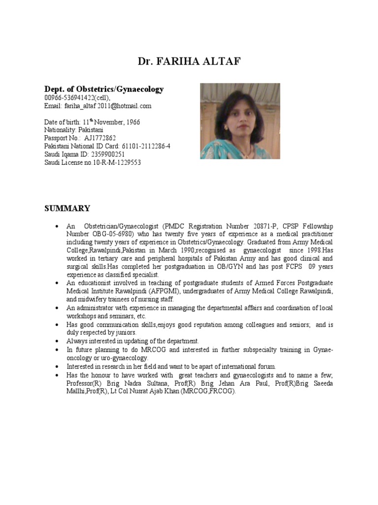 CV Fariha Altaf Gynaecologist Updated | PDF | Gynaecology | Childbirth