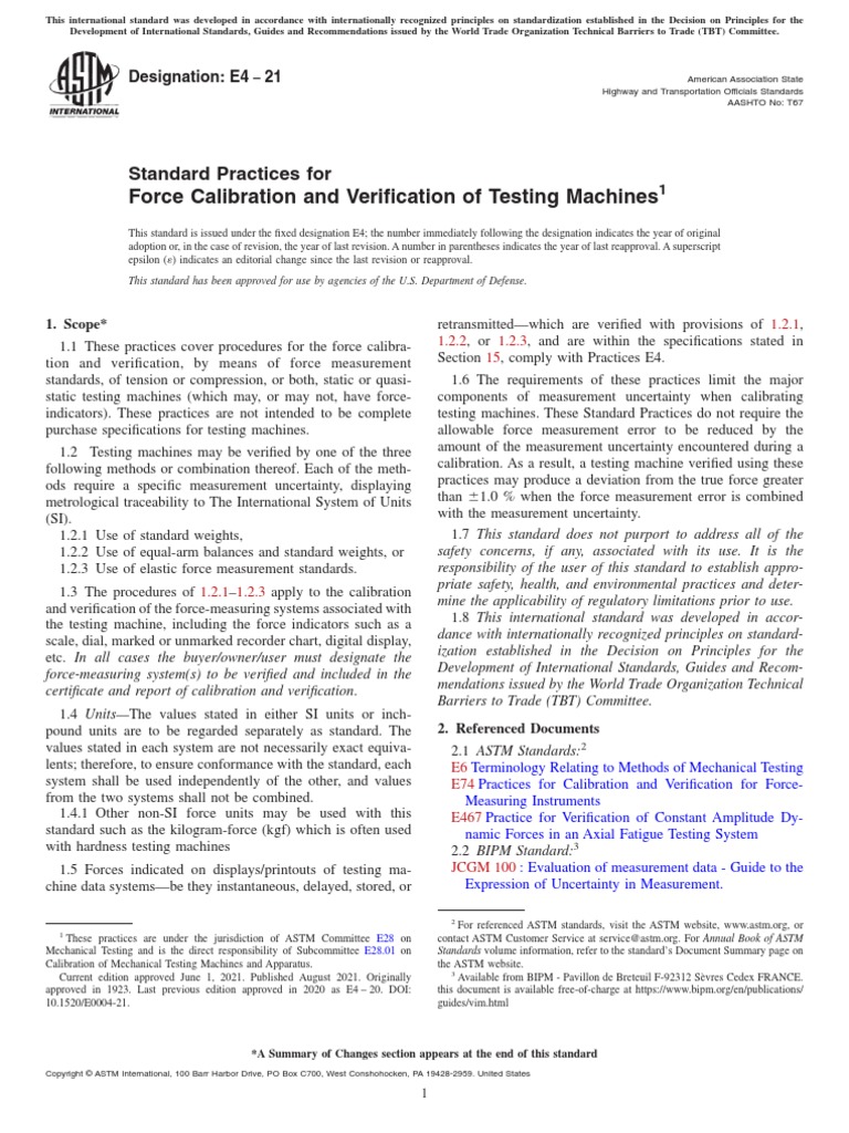 Standard Practices For Force Calibration and Verification of Testing ...