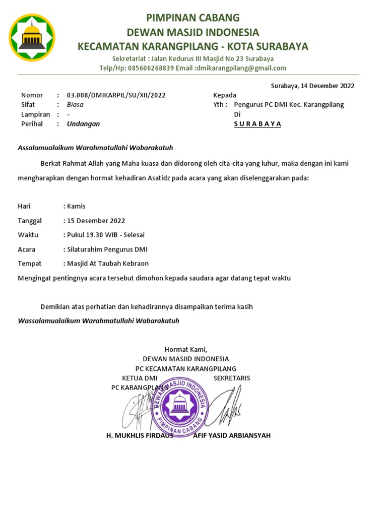 Undangan Pengurus Dmi Masjid at Taubah Kebraon | PDF