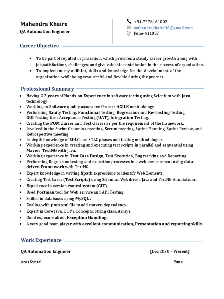 CV+Atos+Syntel+2 2+yrs | PDF | Software Testing | Selenium (Software)