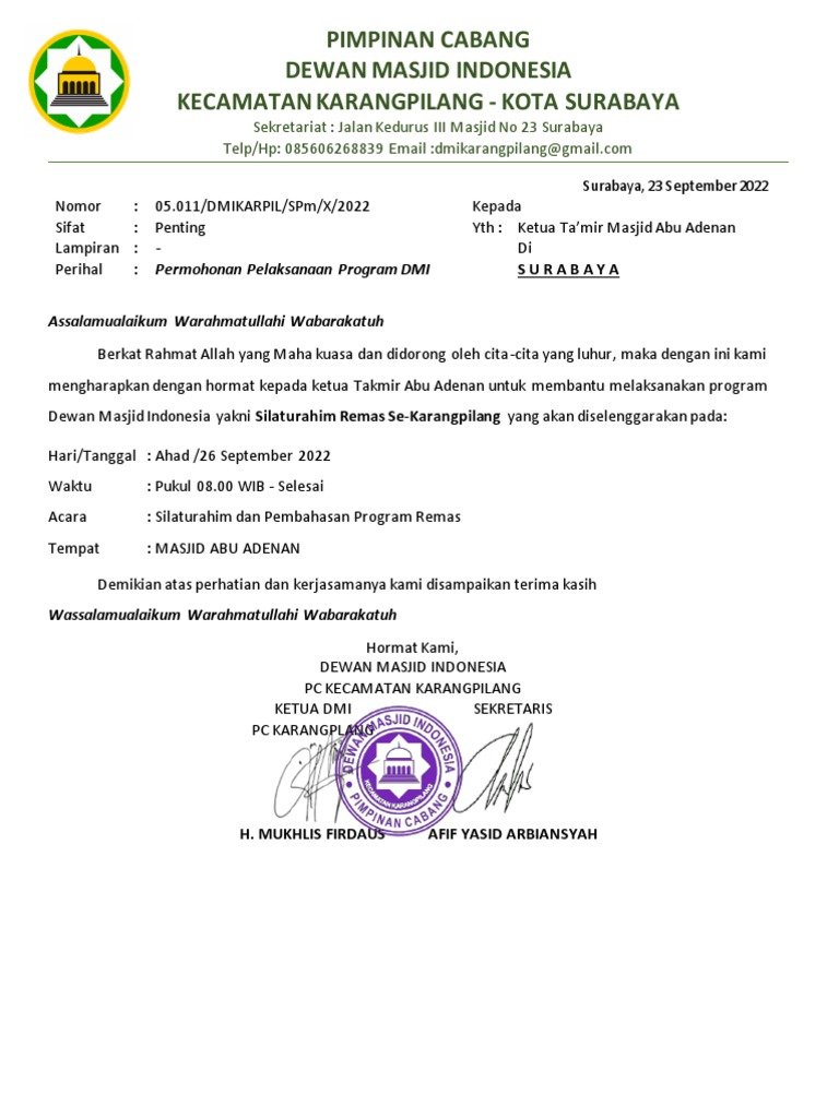 Permohonan Program DMI di Masjid Abu Adenan | PDF
