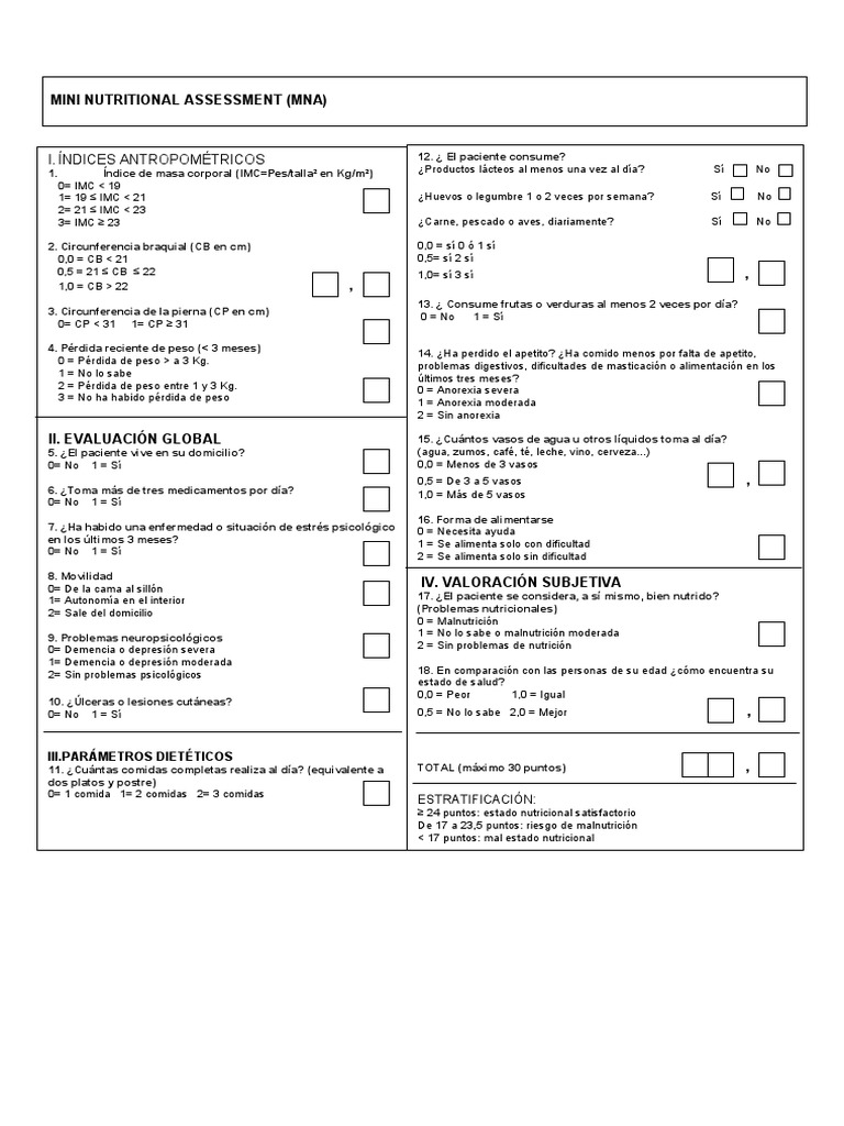 I. Índices Antropométricos: Mini Nutritional Assessment (Mna) | PDF ...
