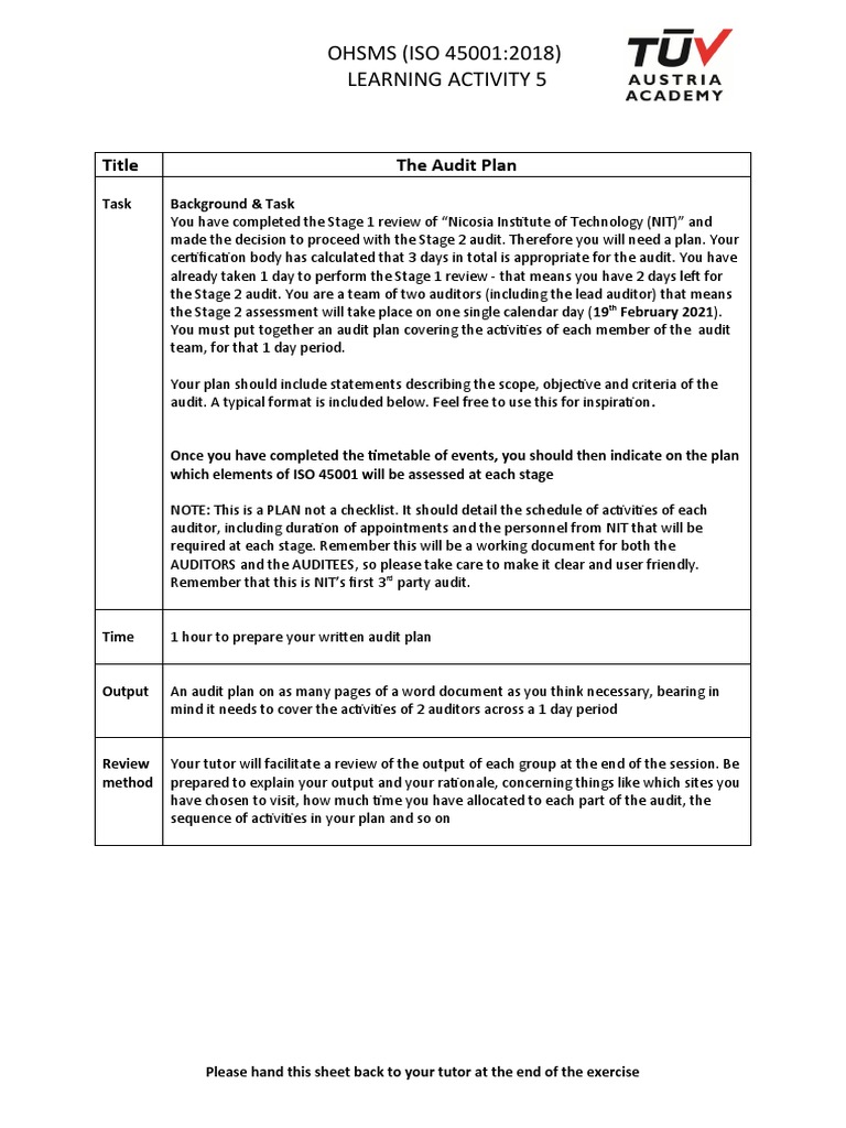LA5 - The Audit Plan | PDF | Audit | Business