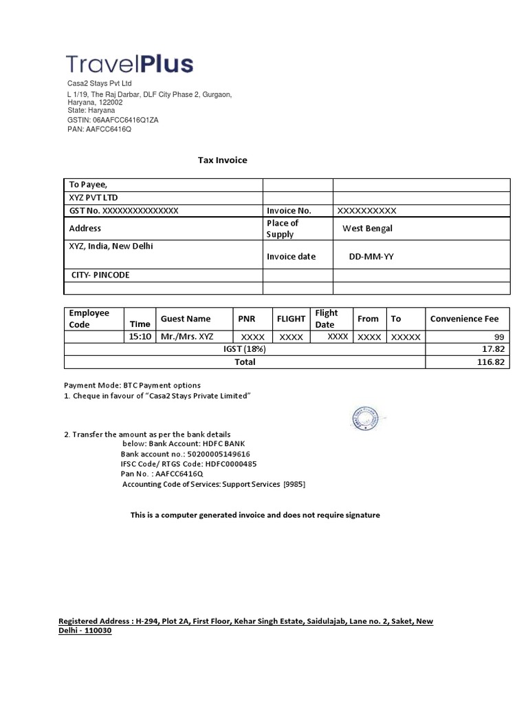 Convenience Fee Flight Invoice | PDF
