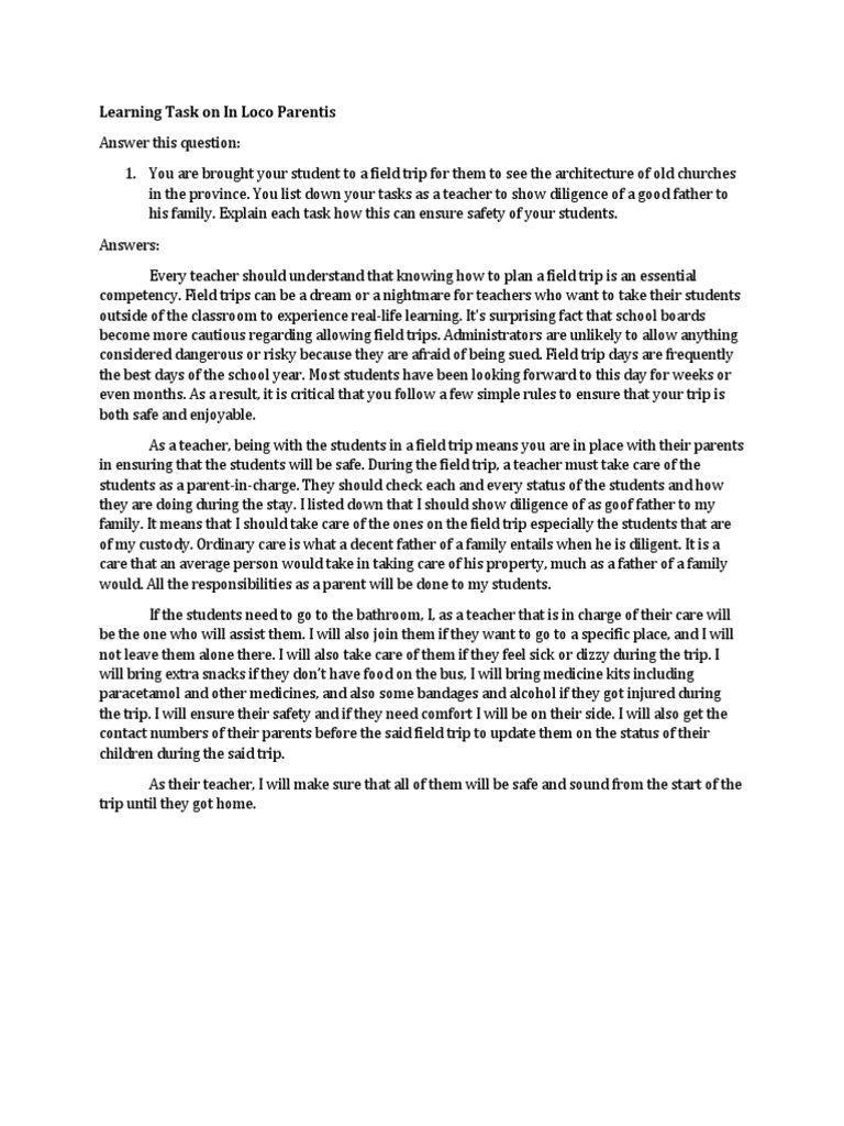 Learning Task On Loco Parentis (With Answers) | PDF | Teachers | Learning
