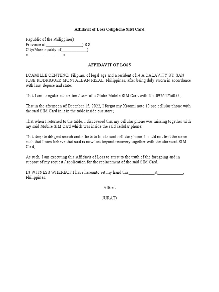 Affidavit of Loss for SIM Card | PDF | Law