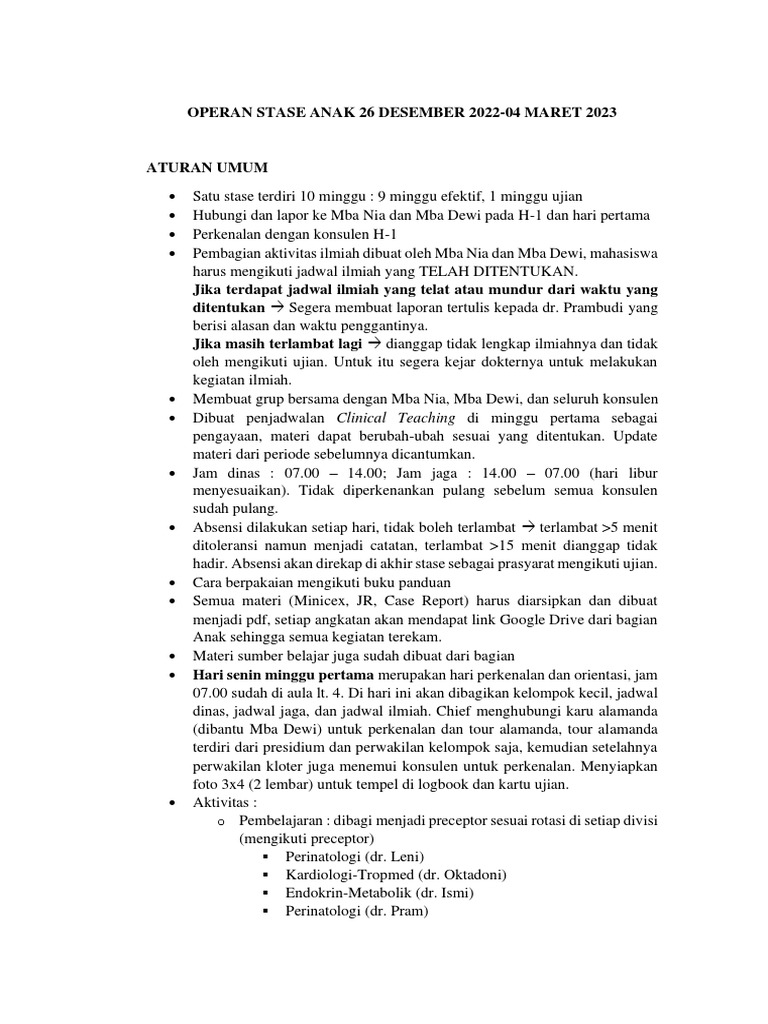 SOP Dan Aturan Jaga Stase Anak 26 Desember 2022 - 4 Maret 2023 | PDF