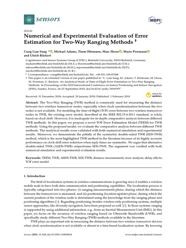 Numerical and Experimental Evaluation of Error Estimation For Two-Way Ranging Methods | PDF ...