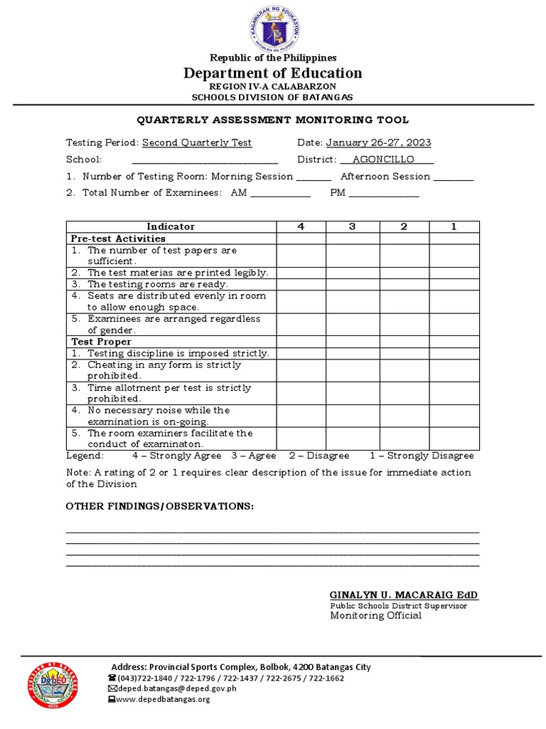Quarterly Assessment Monitoring Tool | PDF