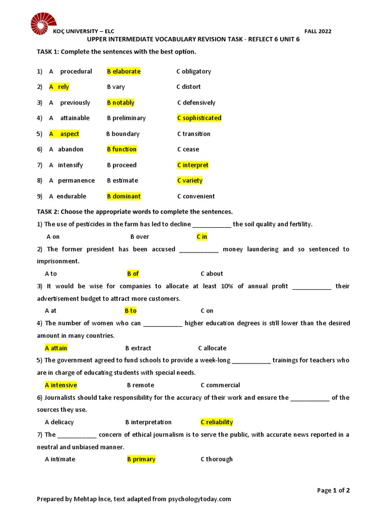 UI - Reflect 6 - Unit 6 - Vocabulary Practice Exercises - AK | PDF