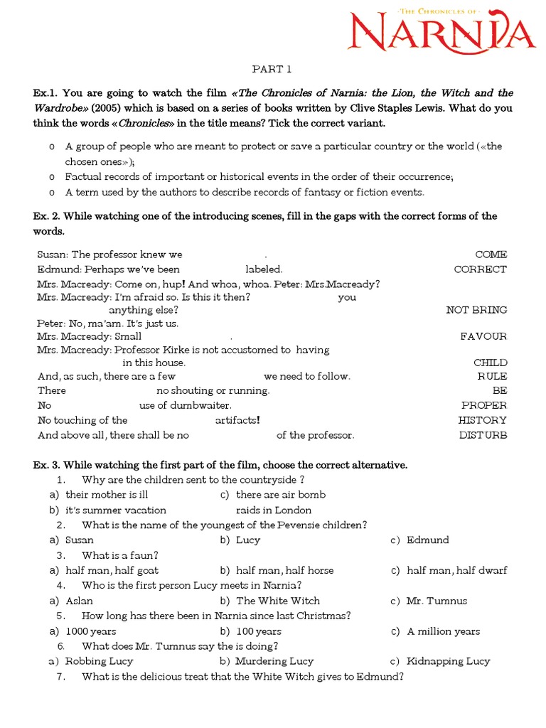The Chronicles of Narnia - Watching Worksheet For Intermediate Learners ...