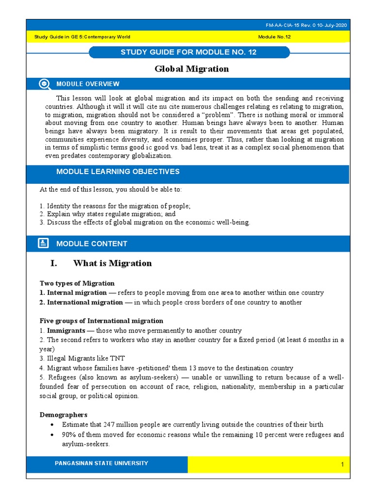 TCW Module 12 The Global Migration | PDF | Immigration | Human Migration