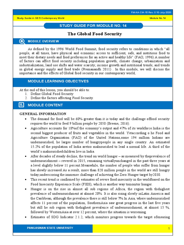 TCW Module 14 The Global Food Security | PDF | Food Security | Malnutrition